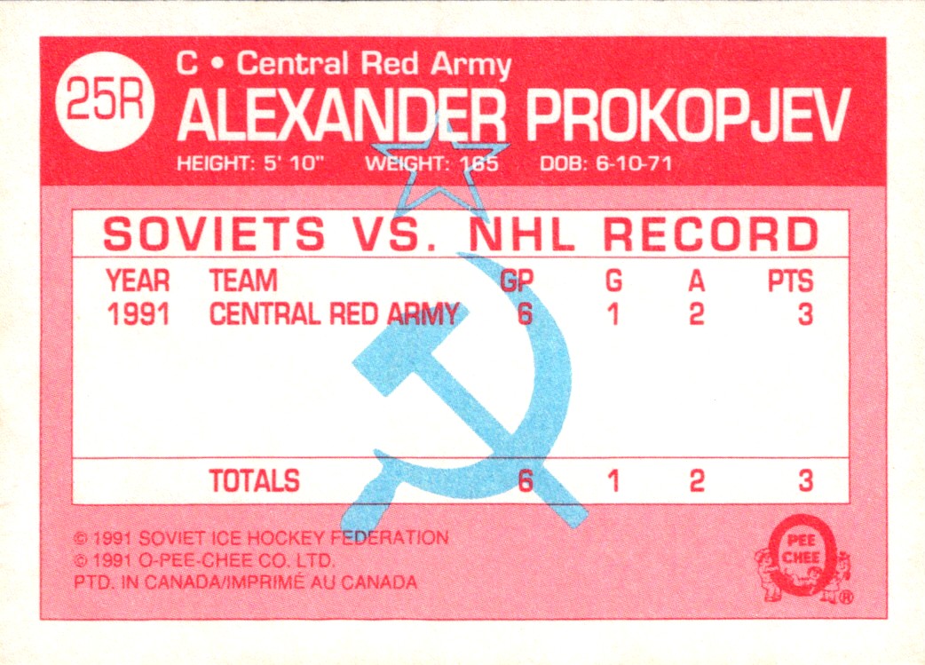 1991-92 O-Pee-Chee Central Red Army Alexander Prokopiev #25R on Kronozio