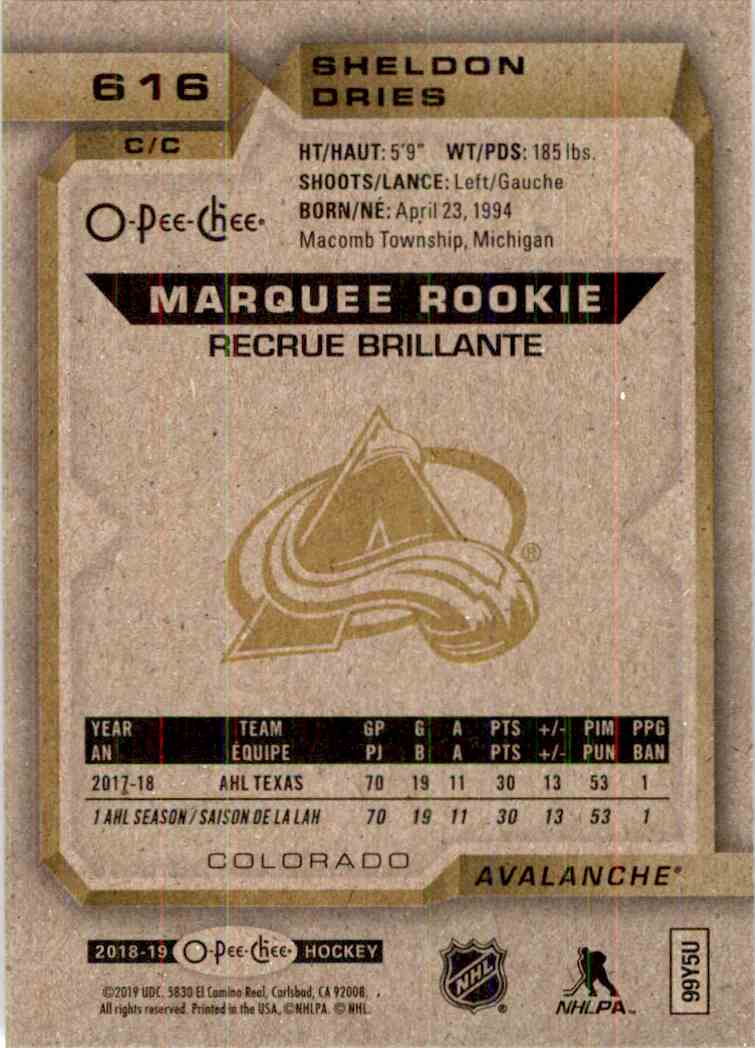 2018-19 O-Pee-Chee Marquee Rookie Sheldon Dries #616 on Kronozio