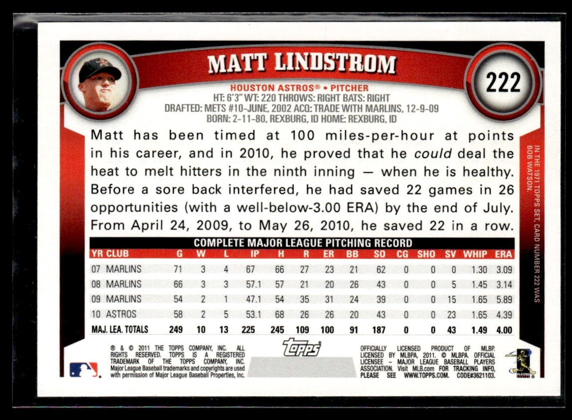 2011 Topps Baseball Walmart Black Matt Lindstrom #222 on Kronozio