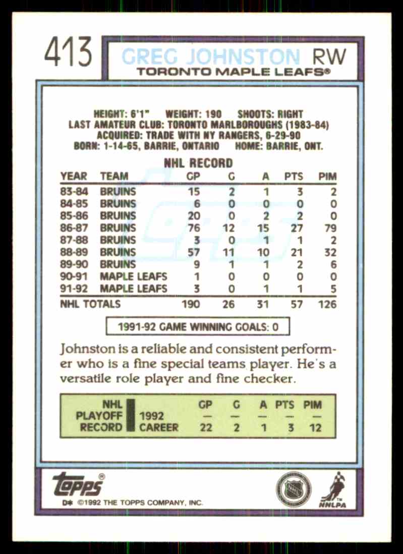 1992-93 Topps Greg Johnston #413 on Kronozio