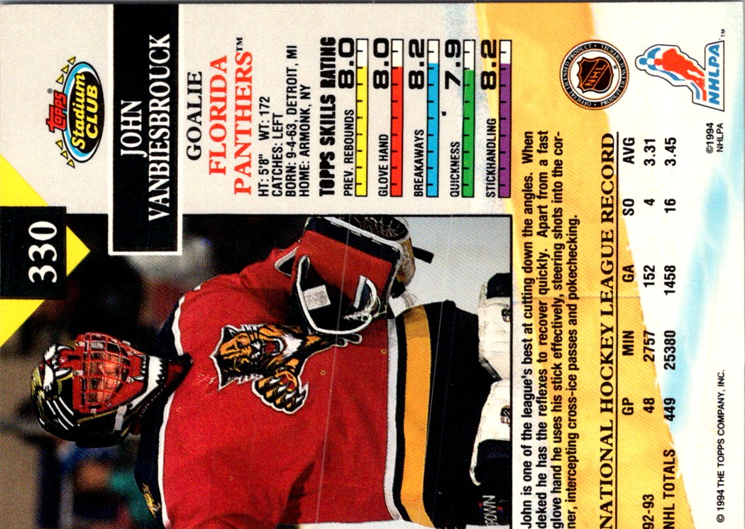 1993-94 Stadium Club John Vanbiesbrouck #330 on Kronozio