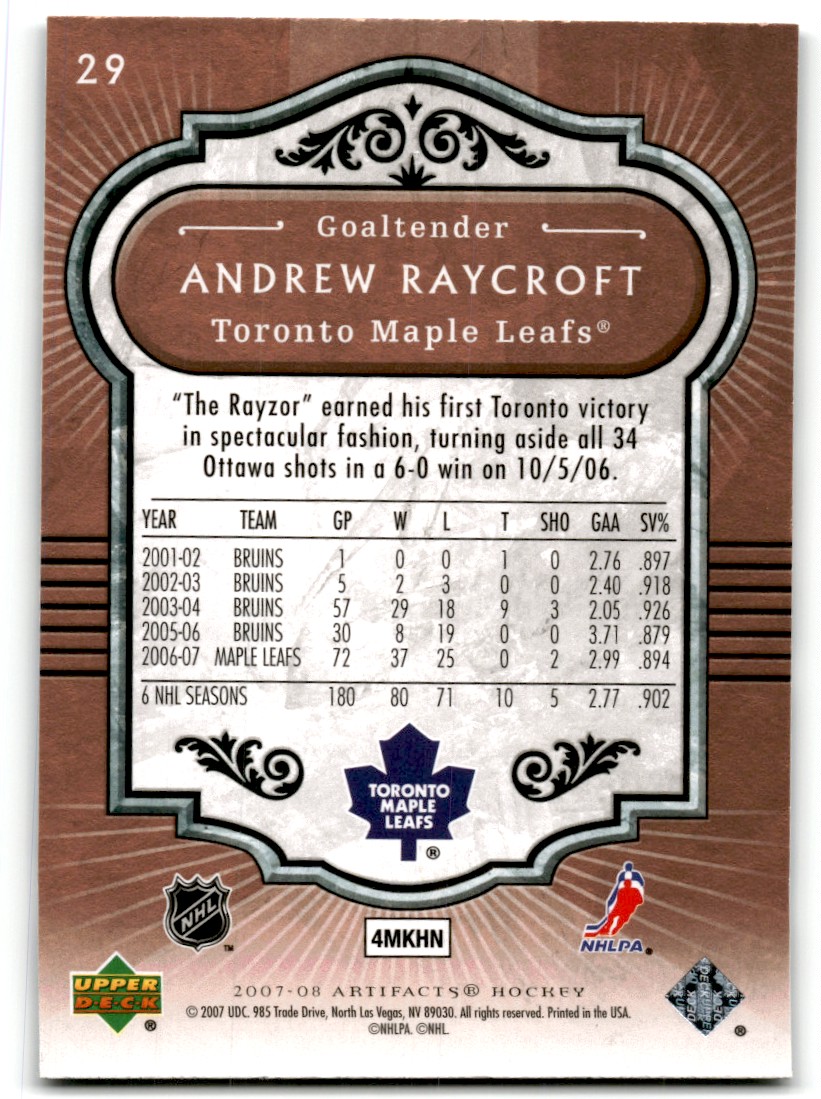 2007-08 Upper Deck Artifacts Andrew Raycroft #29 on Kronozio