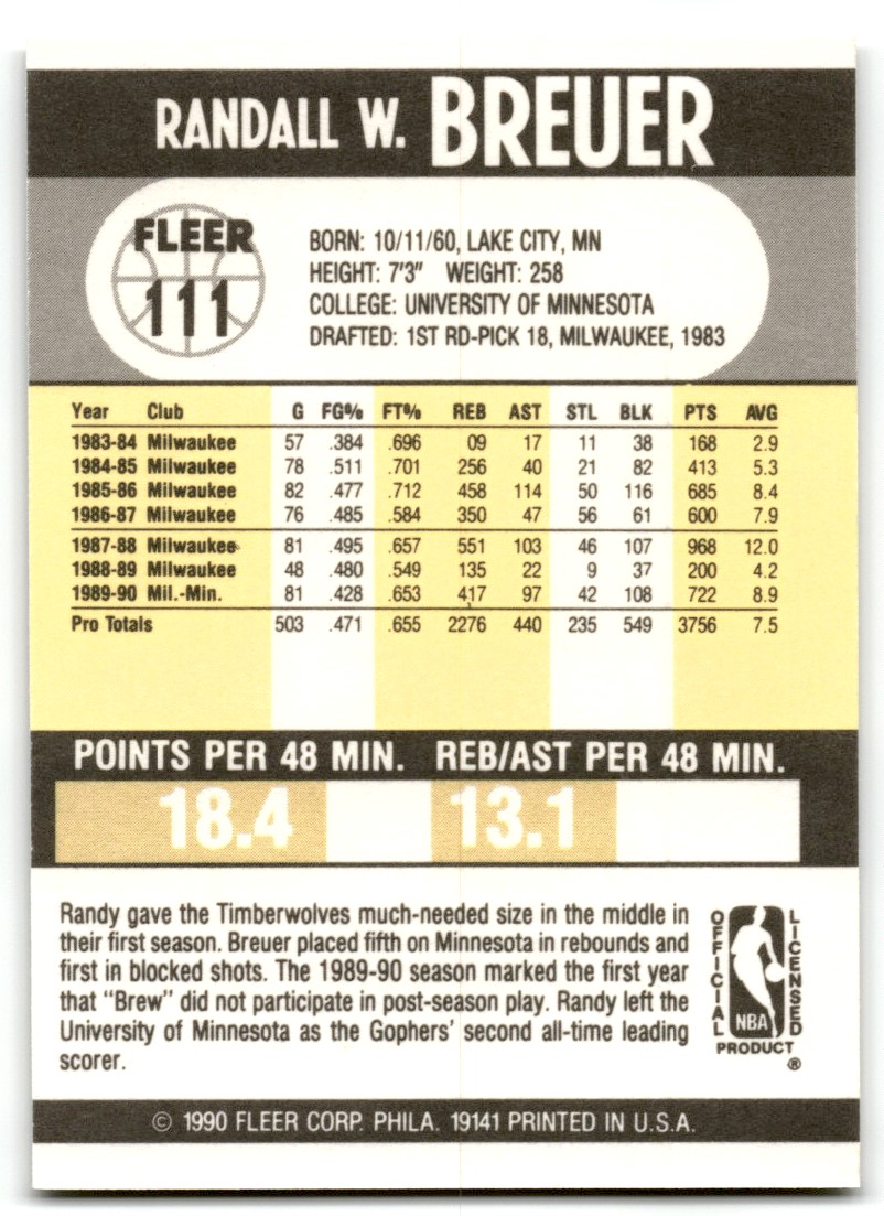 1990-91 Fleer Randy Breuer #111 on Kronozio